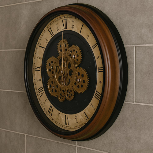 Beige Wall Clock With Black Roman Dial, Golden Moving Gears, And Brown ...